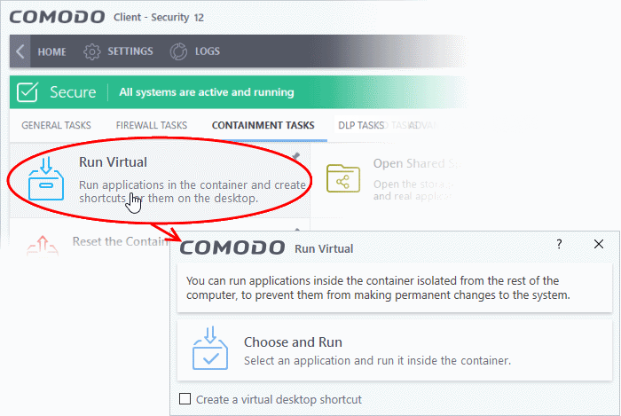 Run An Application In The Containment, Containment Computer Security | Comodo Client Security